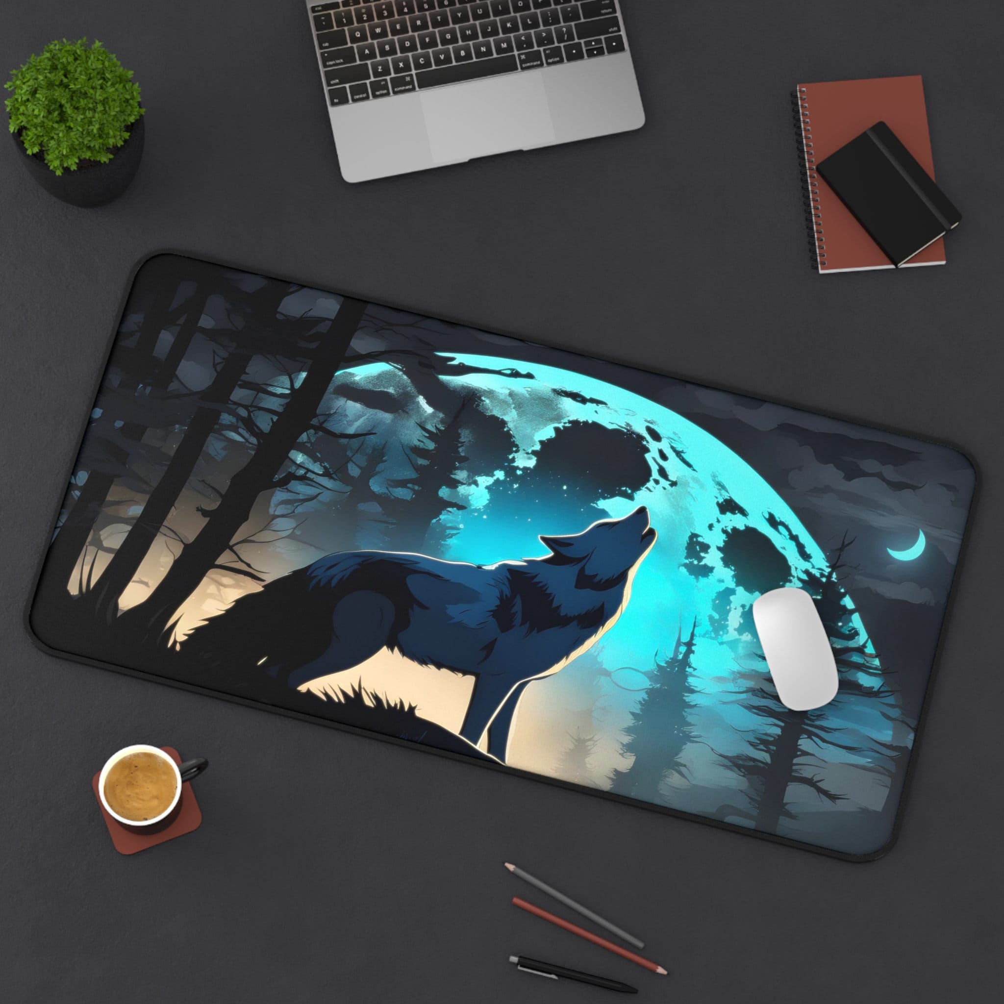 Wolf Howling Moon Mouse Pad, Wolf Howling Moon Desk Mat, Blue Desk Mat ...