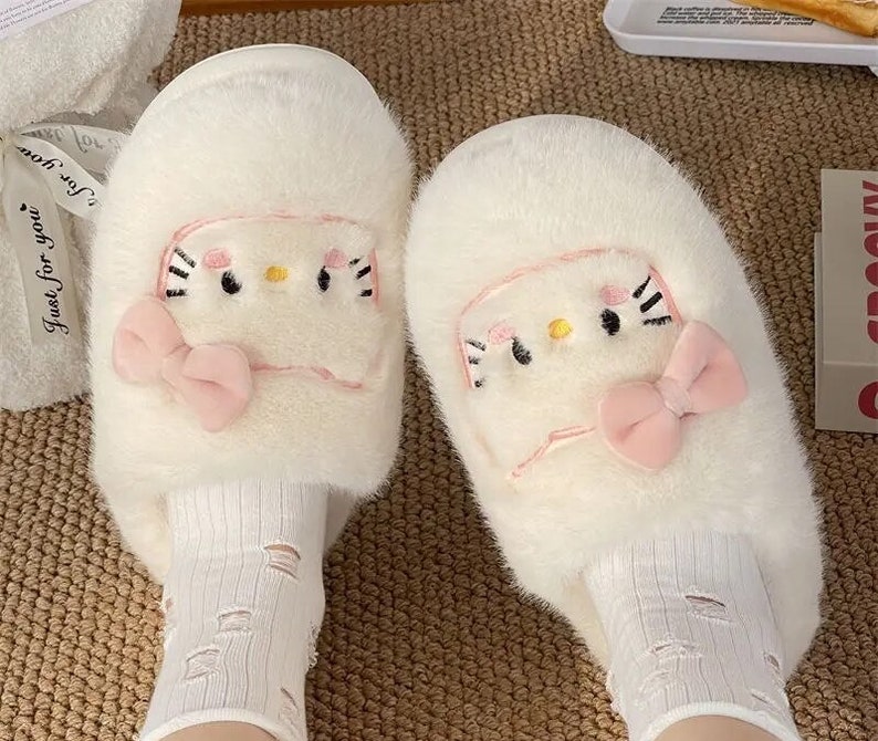 Hello Kitty Fuzzy Slippers for Kids, Girls Slides, Cute and Cozy Slip ...