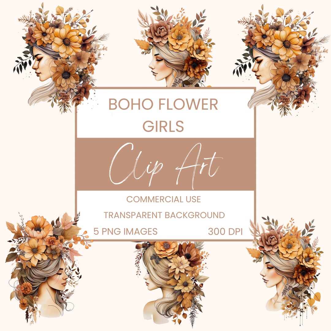 Boho Flower Girls Illustration Clip Art Pack Watercolour, Clipart or ...