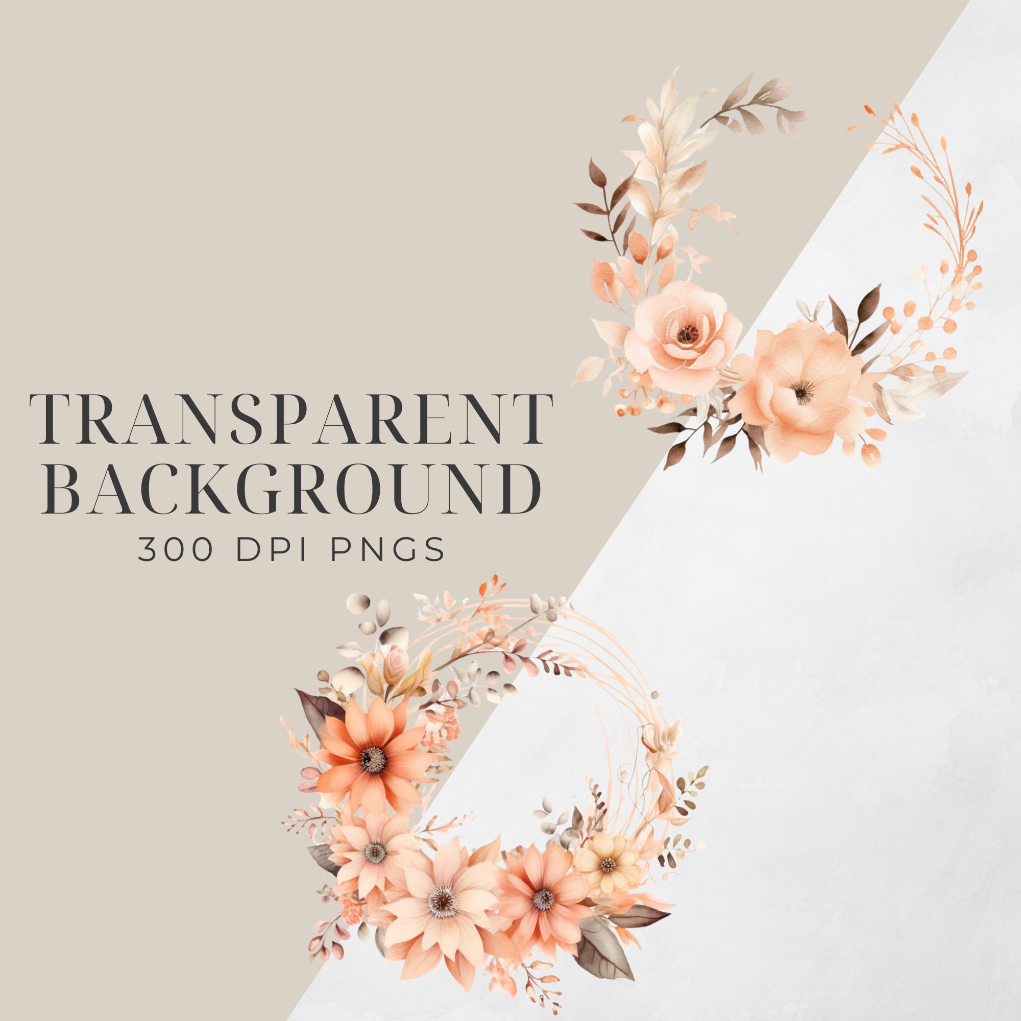 Watercolor Peach Floral Wreath Clipart, BUNDLE, Flowers, Half Wreaths ...