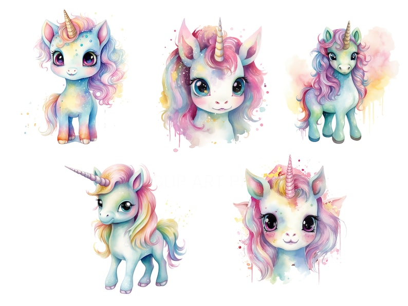 Pastel Rainbow Unicorns Clip Art Pack Watercolour, Clipart or ...