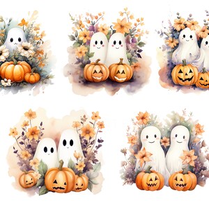 Ghosts in Floral Pumpkin Garden Clip Art Pack Watercolour, Clipart or ...