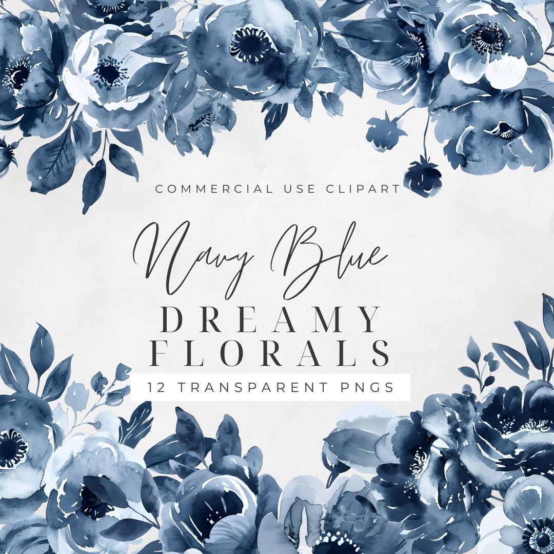 Navy Blue Bouquet Watercolor Clipart PNG, Junk Journaling, Bundle ...
