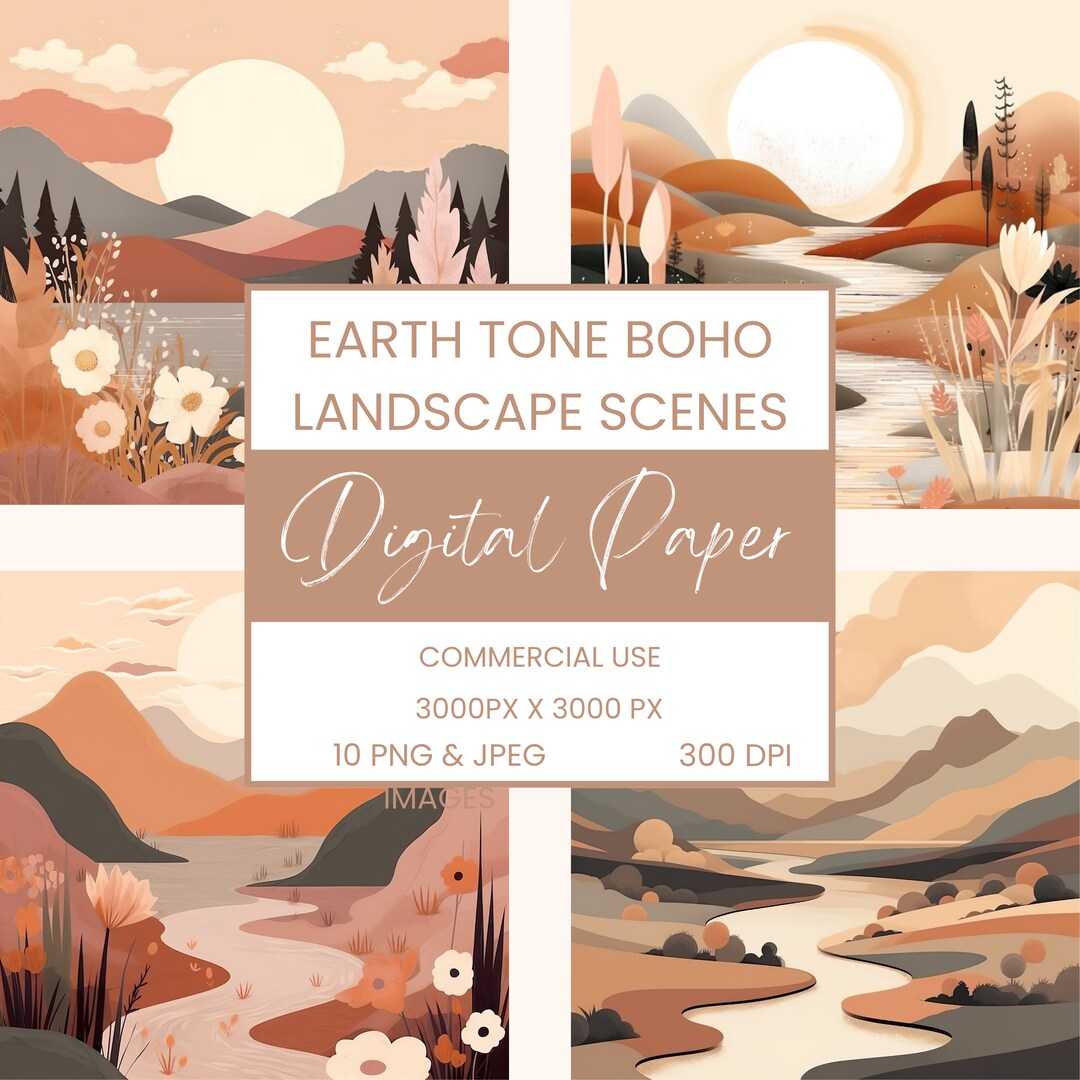 Earth Tone Boho Landscape Scene Digital Paper JPEG & PNG, Junk ...