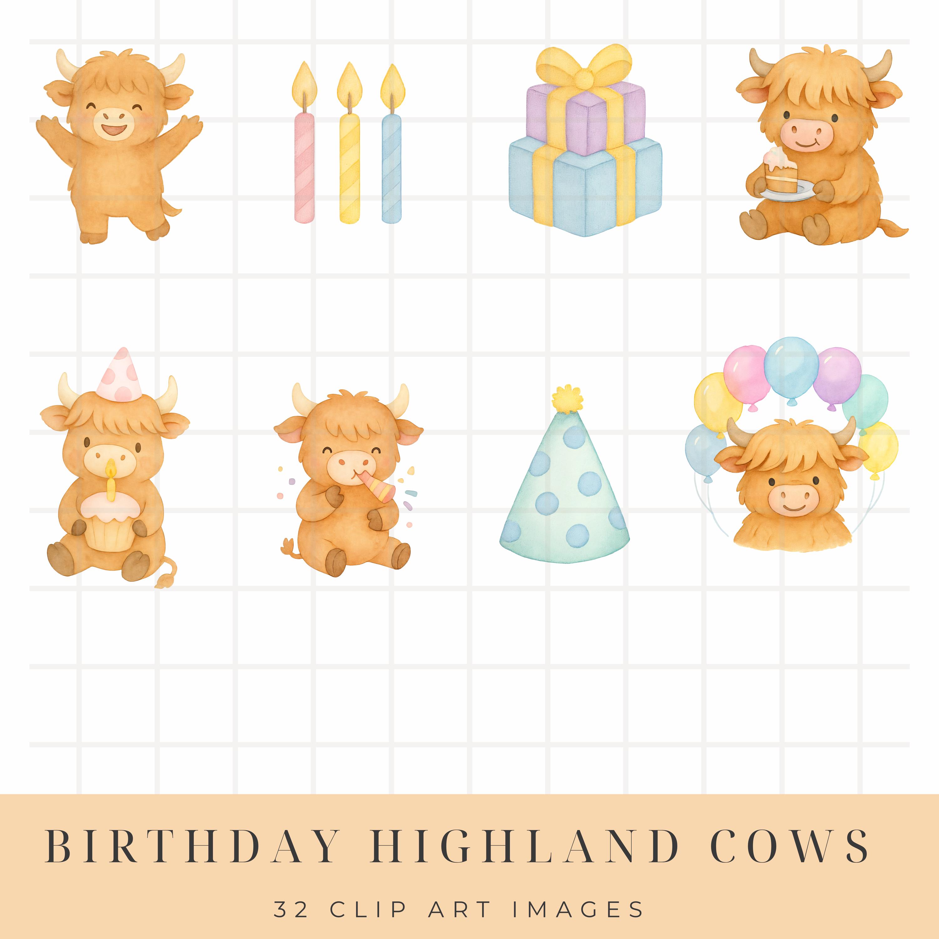 Highland Cow Birthday Clipart – Watercolor Party Cows PNG, Pastel Farm ...