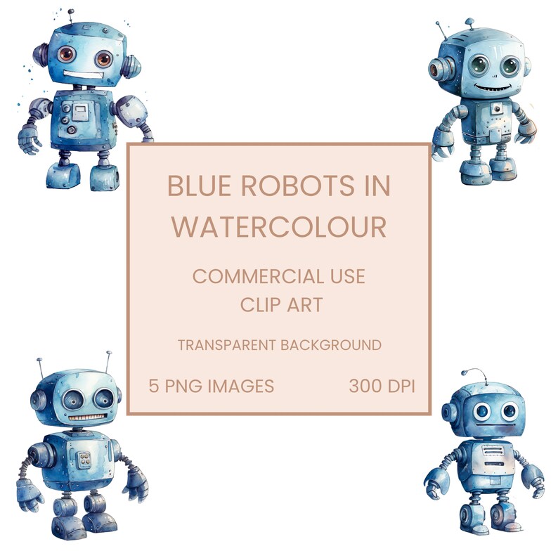 Blue Watercolour Robots Clip Art Pack Watercolour, Clipart for ...
