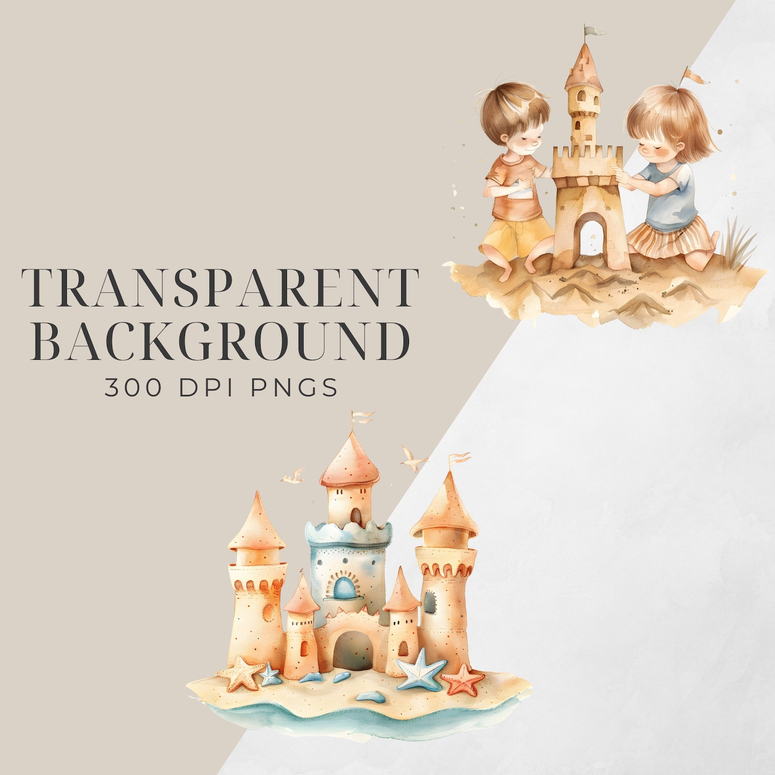Watercolor Sand Castles Beach Clipart, BUNDLE, Children, Play, Castles ...
