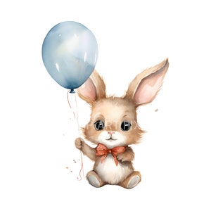 Bunny Holding Balloon Clip Art Pack Watercolour, Single PNG, Clipart or ...
