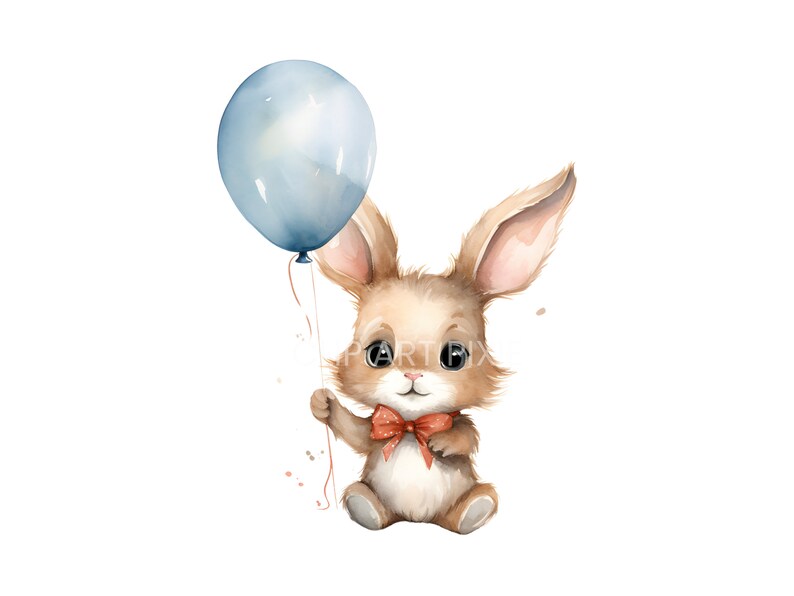 Bunny Holding Balloon Clip Art Pack Watercolour, Single PNG, Clipart or ...