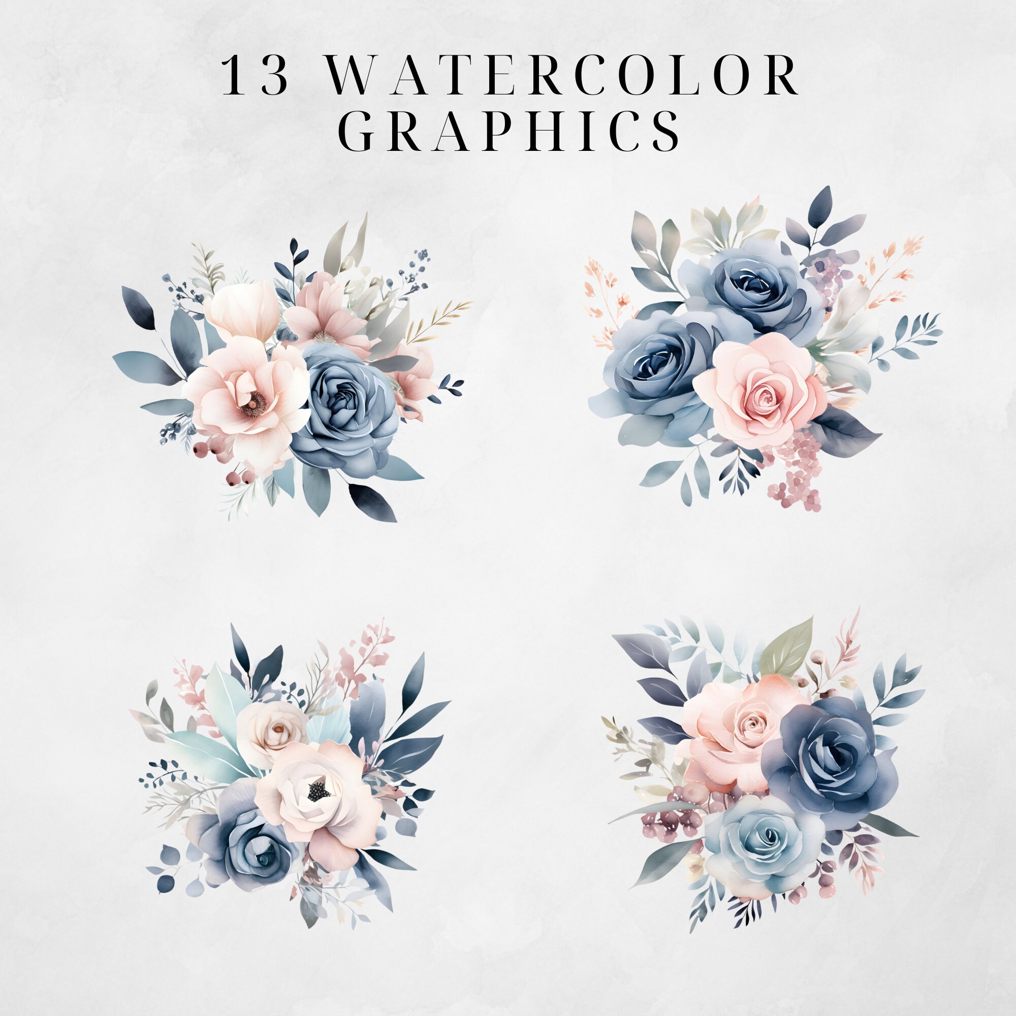 Blue & Pink Bouquet Watercolor Clipart PNG, Junk Journaling, Bundle ...