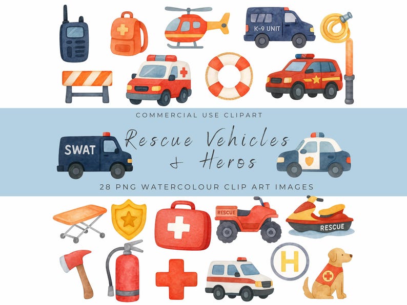 Rescue Vehicles Clipart | Emergency Services PNG | Watercolor Police ...