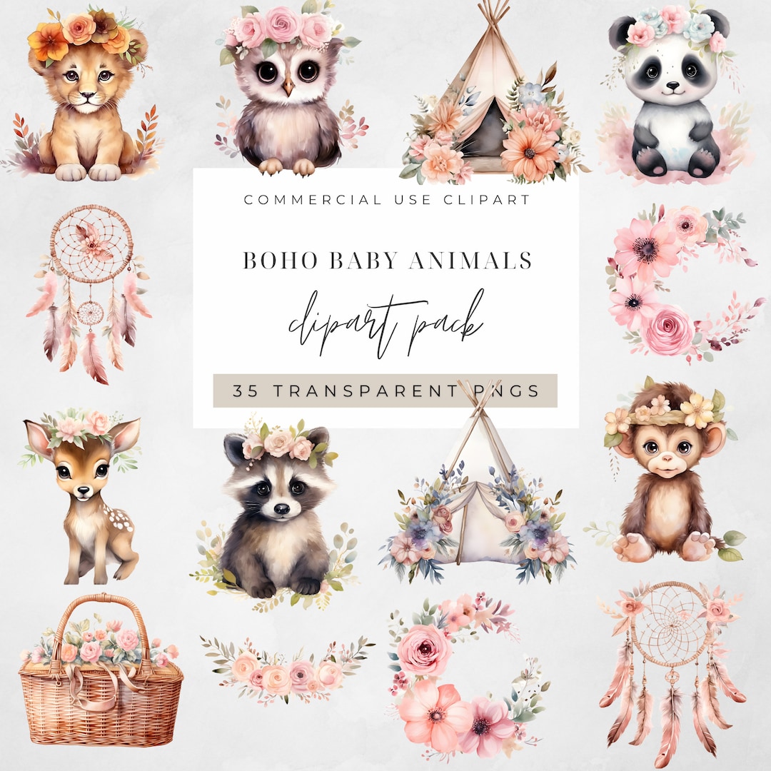Boho Baby Animals Watercolor Clipart PNG, Junk Journaling, Floral ...
