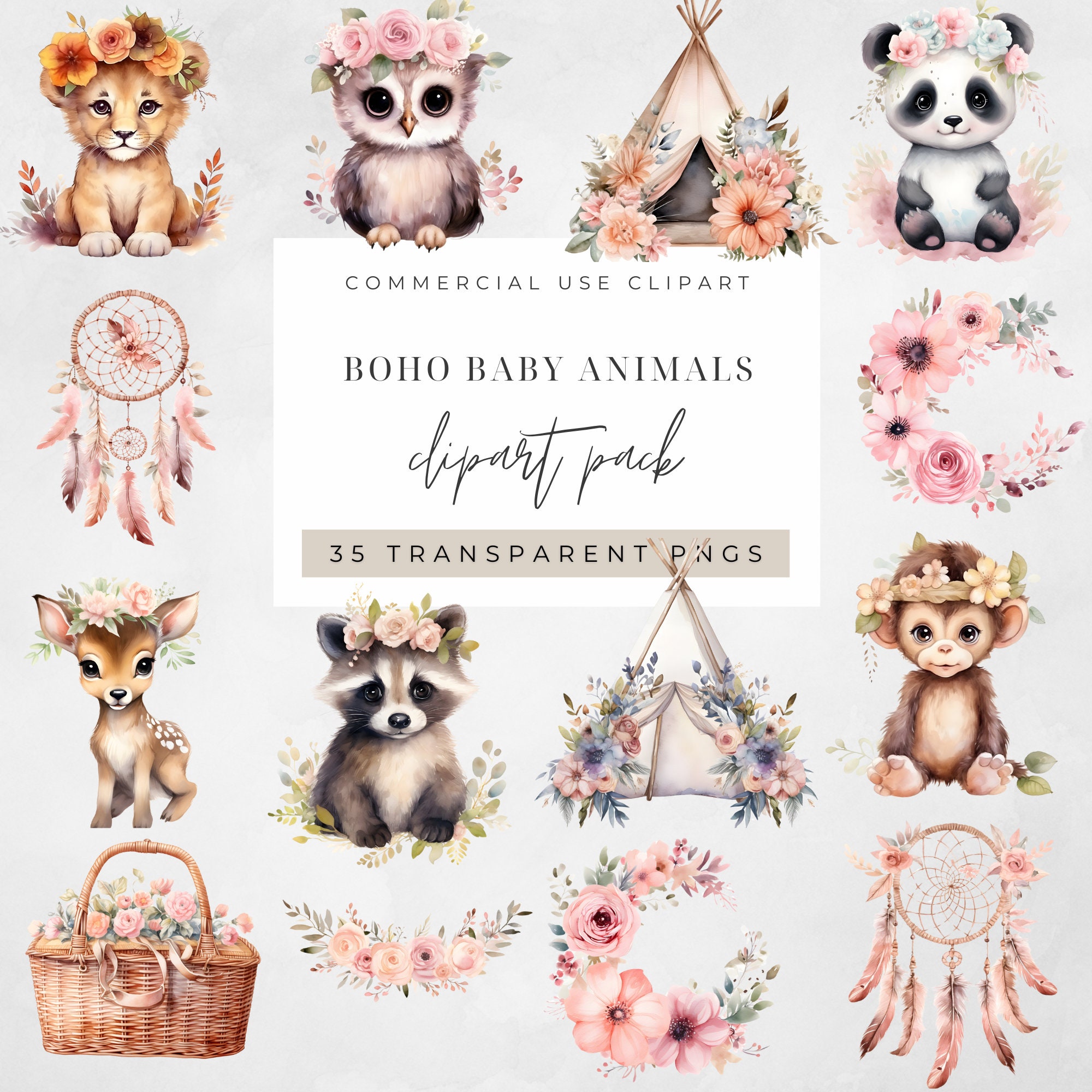 Boho Baby Animals Watercolor Clipart PNG, Junk Journaling, Floral ...