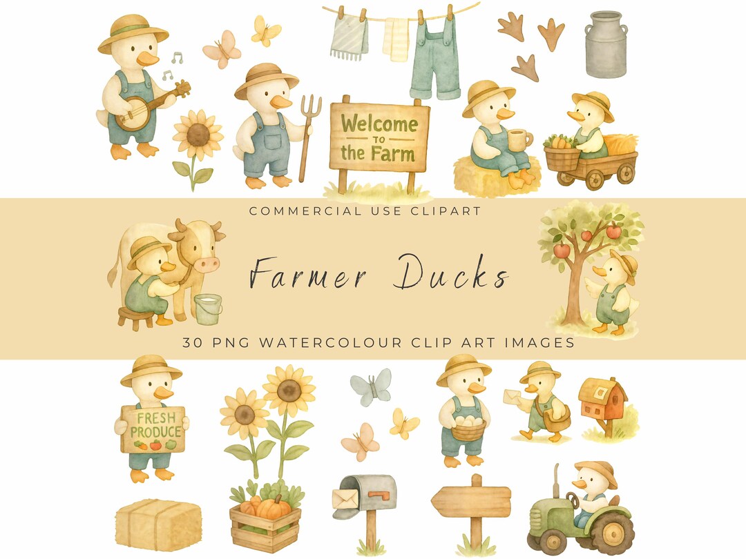 Watercolor Farmer Duck Clipart Bundle | Cute Ducks, Farm Life Scenes ...