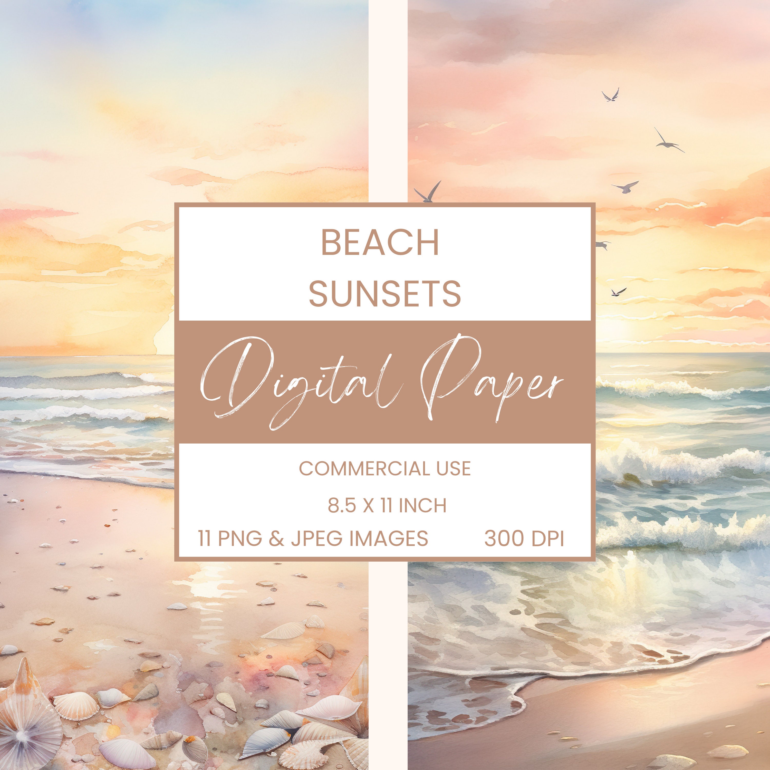 Beach Sunset Scenes Digital Paper JPEG & PNG, Junk Journaling, Bundle ...