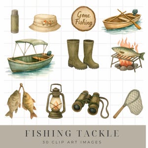 Watercolor Fishing Clipart Set | Tackle Box Tools, Boats, Lures & River ...