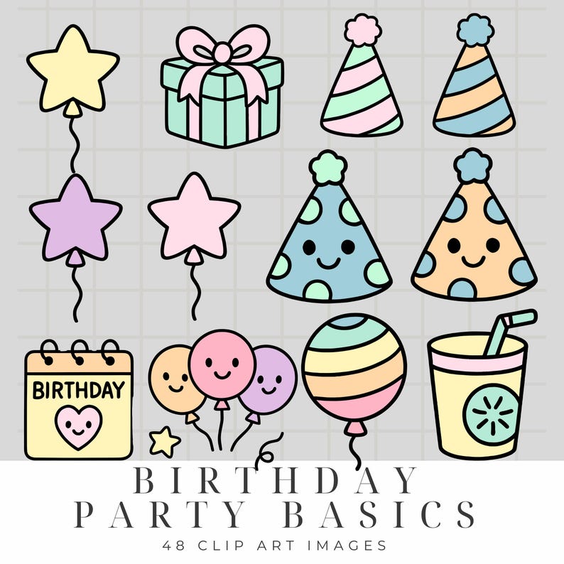 Pastel Birthday Party Clipart Pack | Cute Balloons, Cakes, Gifts ...