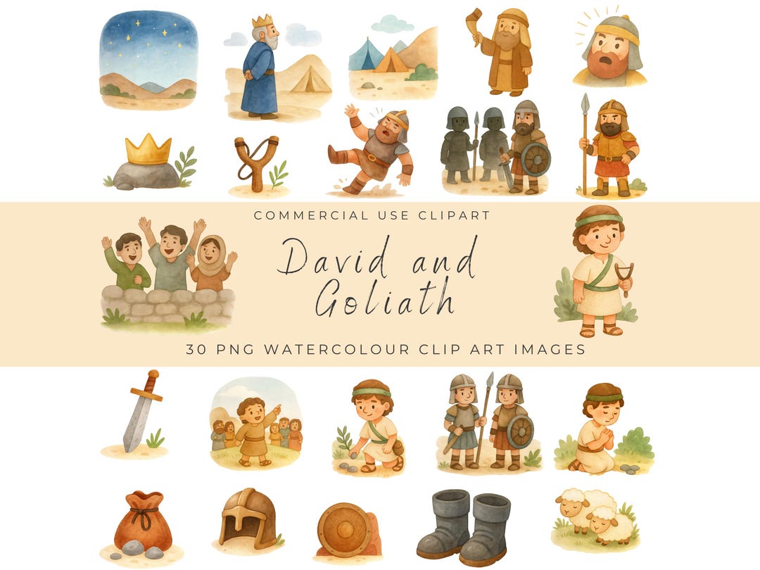 David and Goliath Bible Story Clipart – Watercolor Christian Kids ...
