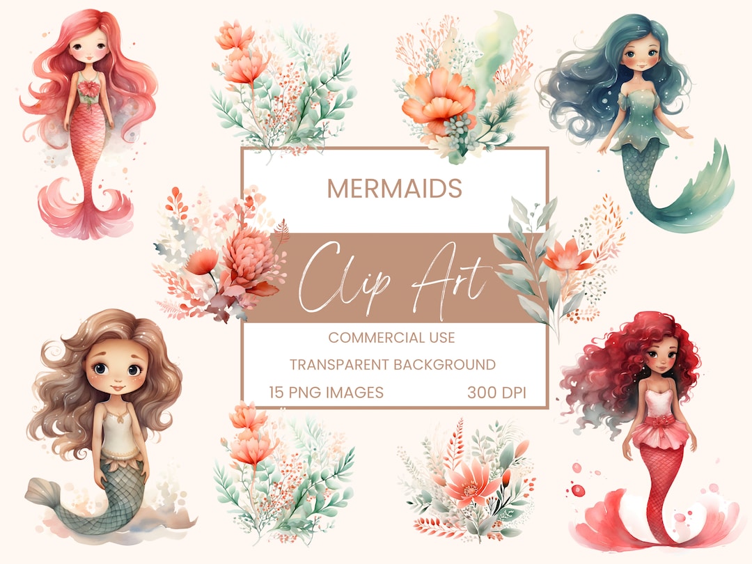 Mermaids Clip Art Pack Watercolour, Clipart or Commercial Use, Mermaid ...