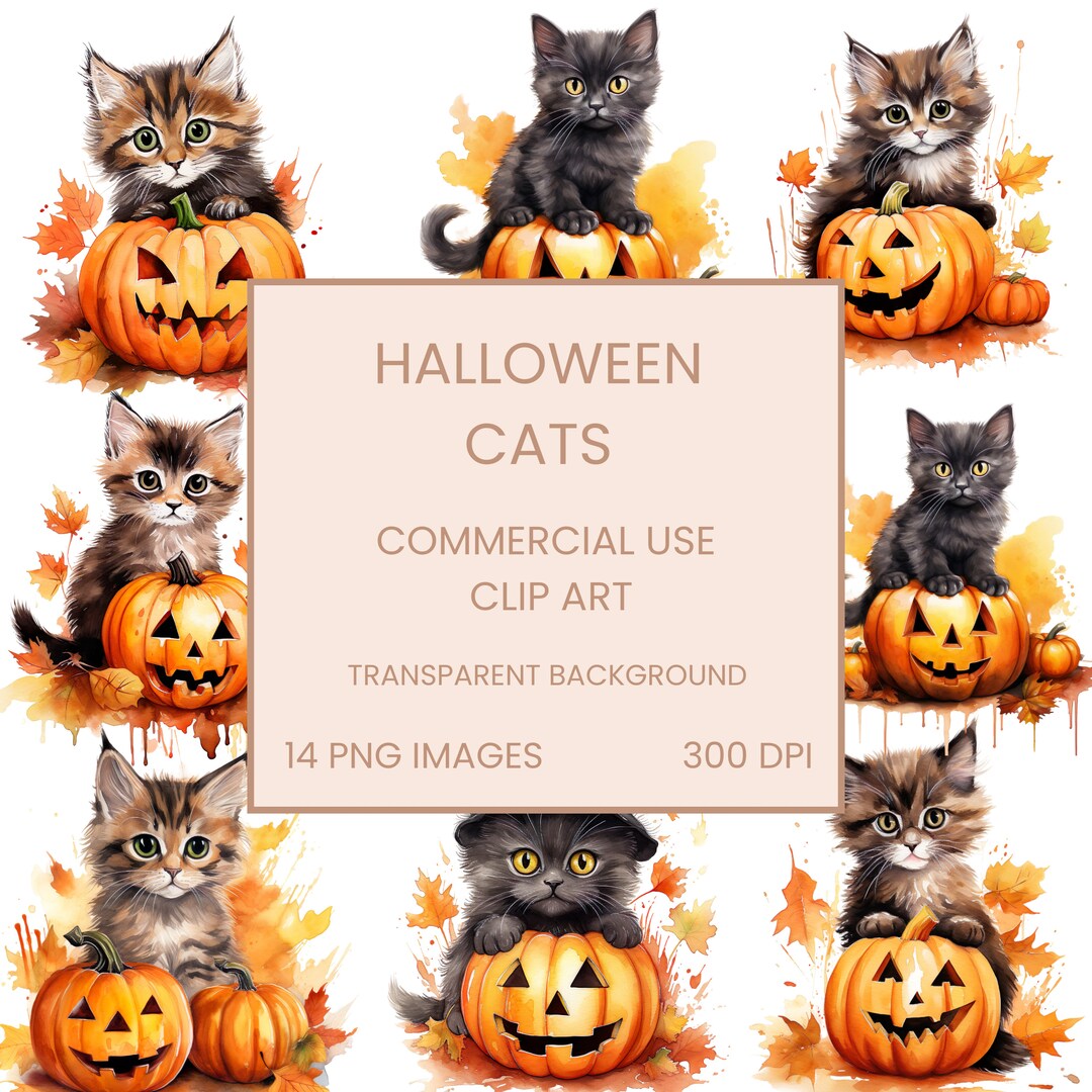 Halloween Cute Cats Clipart PNG, Junk Journaling, Bundle, Halloween ...