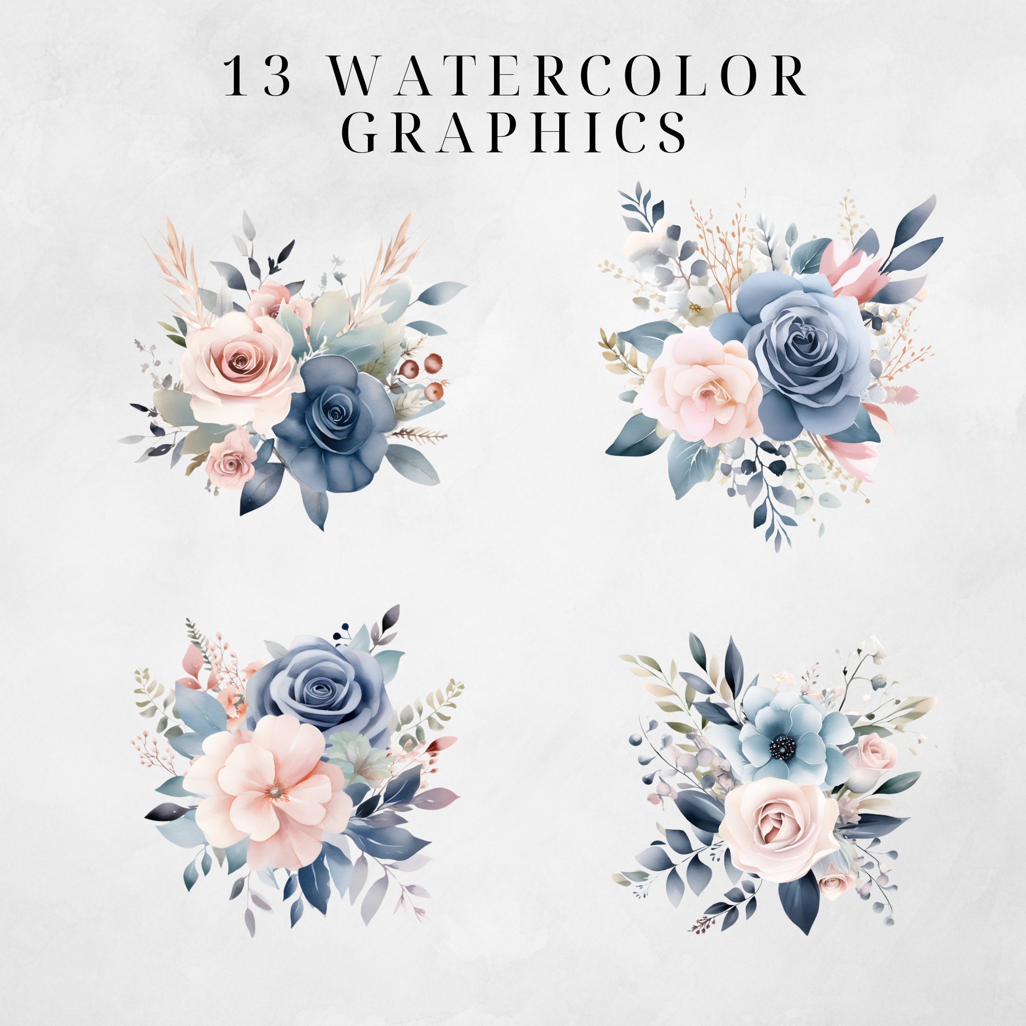 Blue & Pink Bouquet Watercolor Clipart PNG, Junk Journaling, Bundle ...