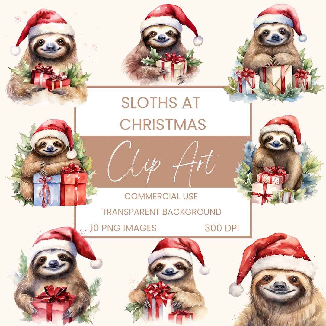 Sloths at Christmas Clip Art Pack Watercolour, Clipart or Commercial ...