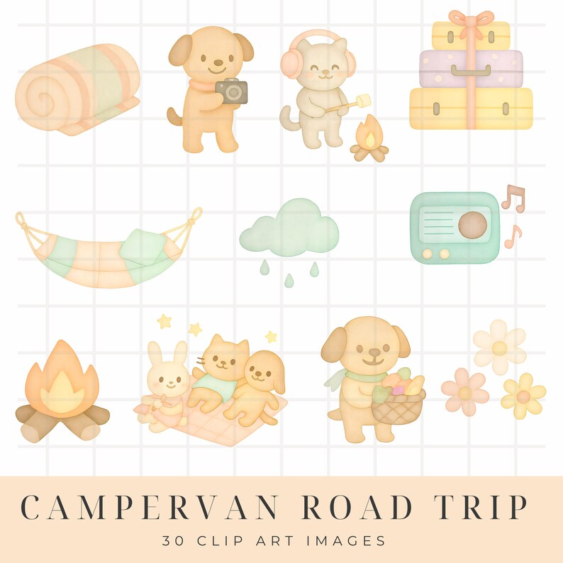 Kawaii Campervan Road Trip Clipart – Pastel Van, Cute Animals, Camping ...