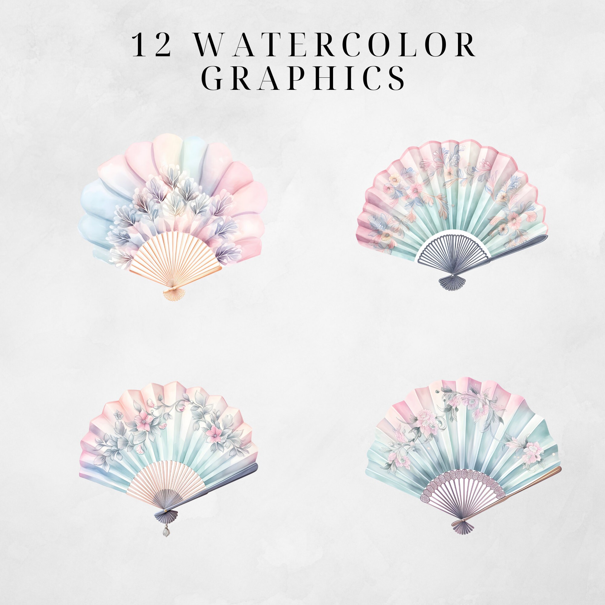 Watercolor Pastel Japanese Fans Clipart, Clipart for Commercial Use ...