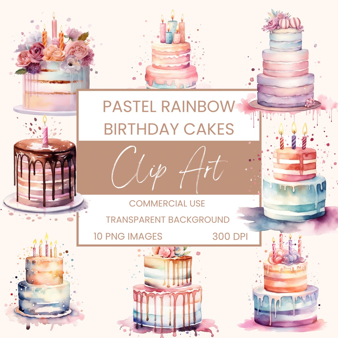 Pastel Birthday Cakes Watercolor Clipart PNG, Junk Journaling, Bundle ...