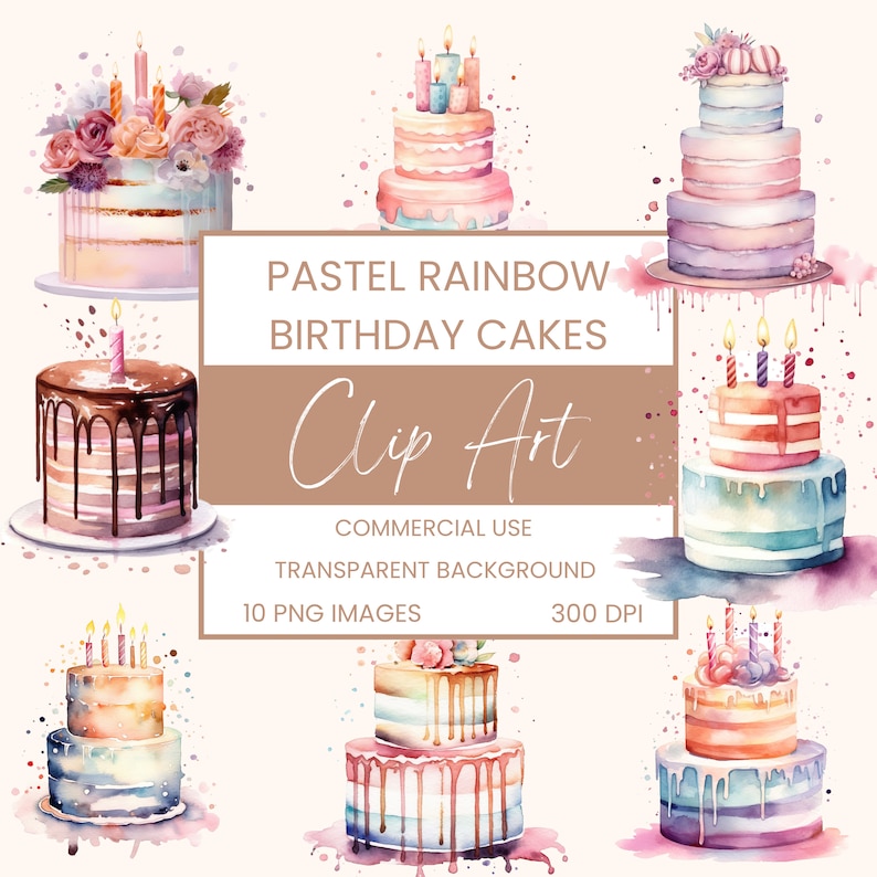 Pastel Birthday Cakes Watercolor Clipart PNG, Junk Journaling, Bundle ...