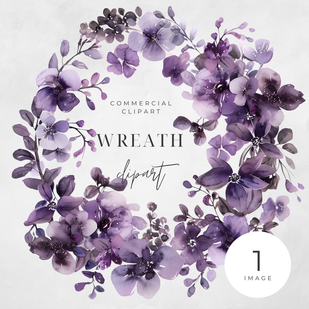 Watercolor Floral Wreath Deep Lilac Clipart, SINGLE IMAGE, Flowers ...