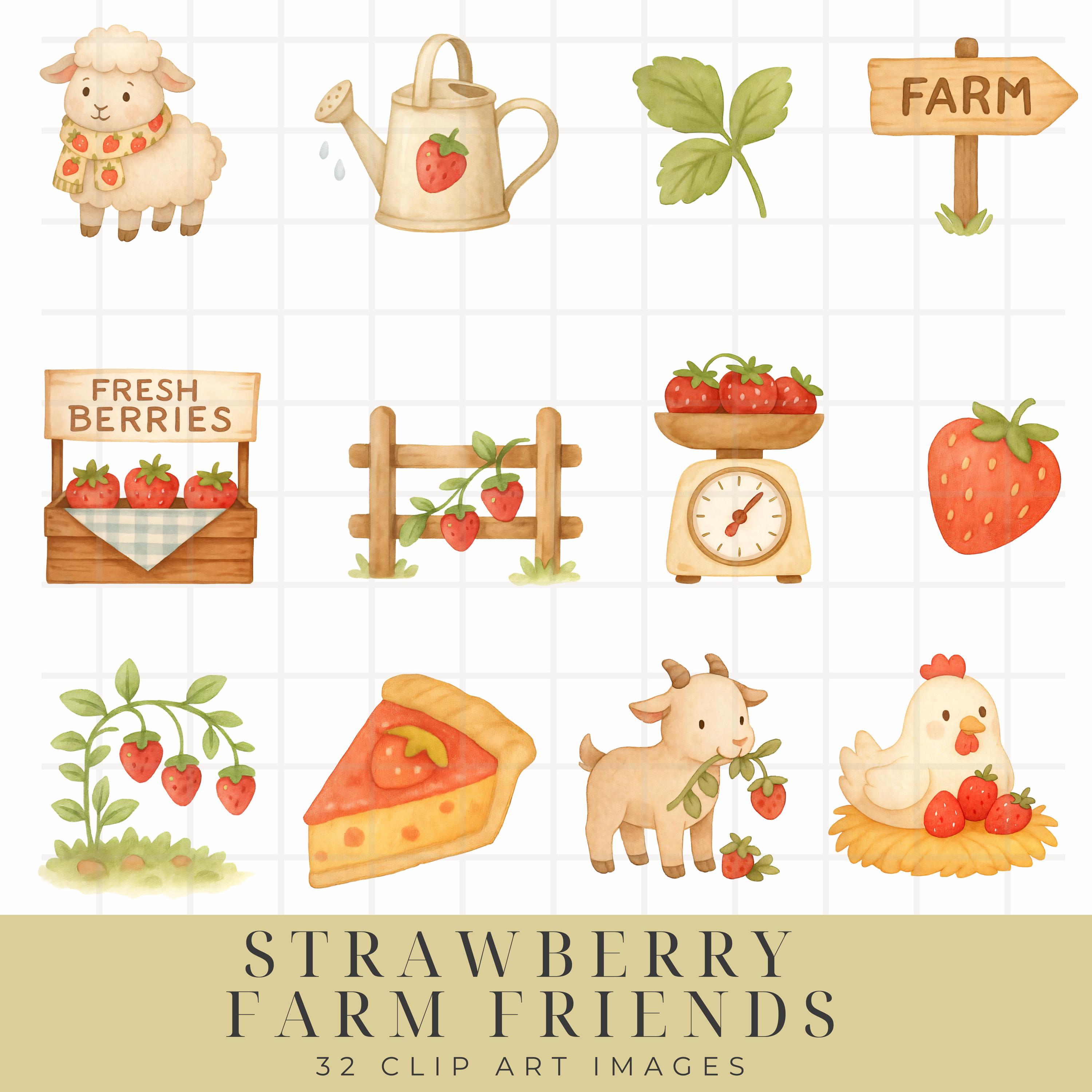 Strawberry Farm Friends Clipart – Watercolor Animals, Berries, Barn ...