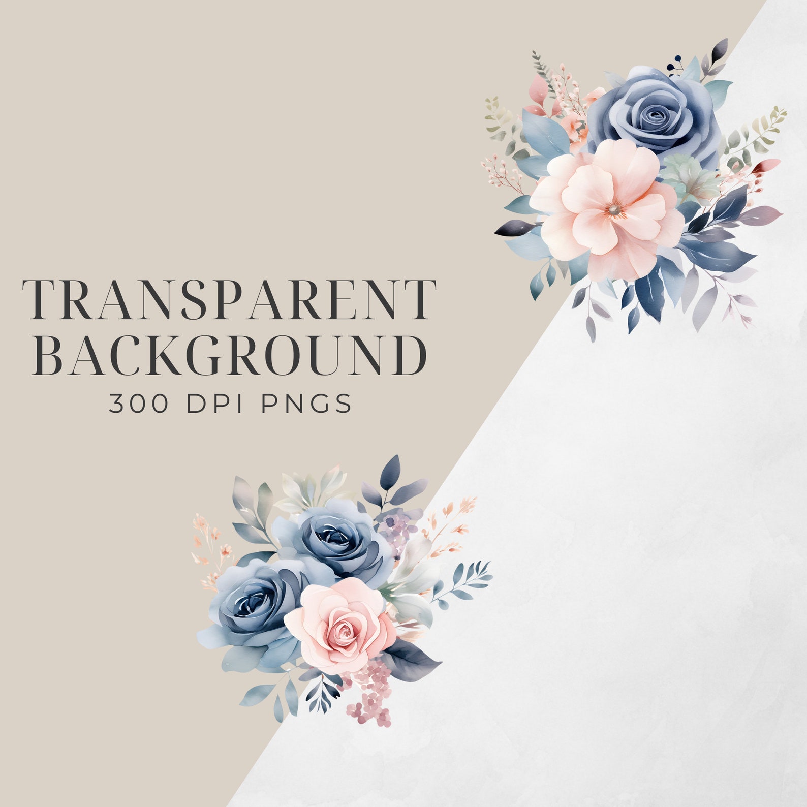 Blue & Pink Bouquet Watercolor Clipart PNG, Junk Journaling, Bundle ...