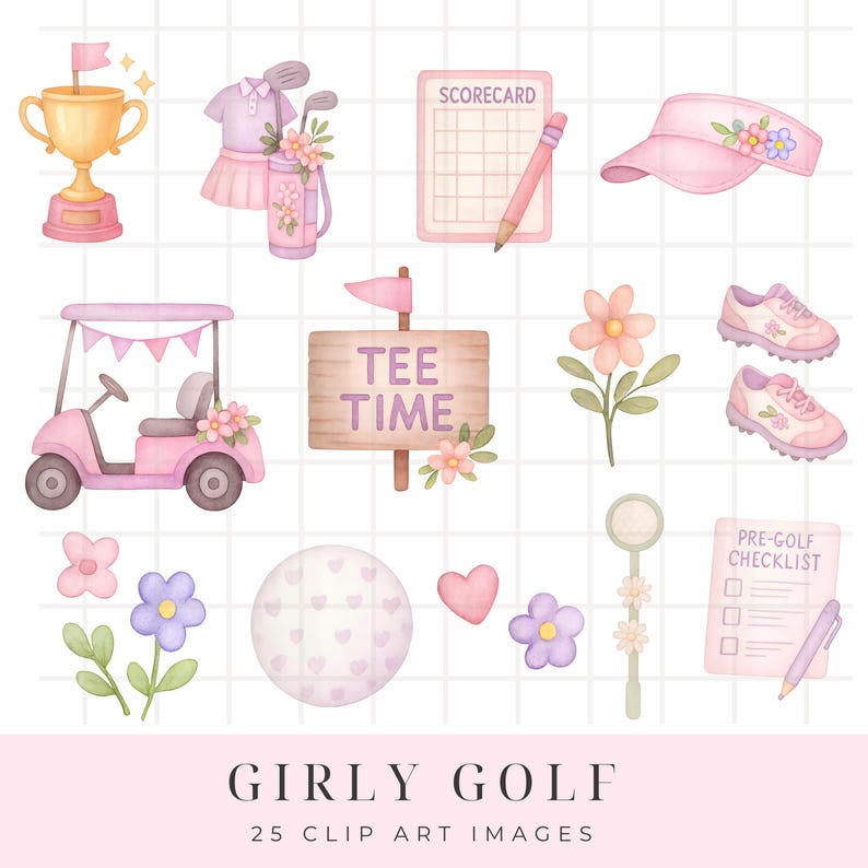 Girly Golf Clipart Set | Pastel Watercolor Golf Clubs, Cute Bag ...