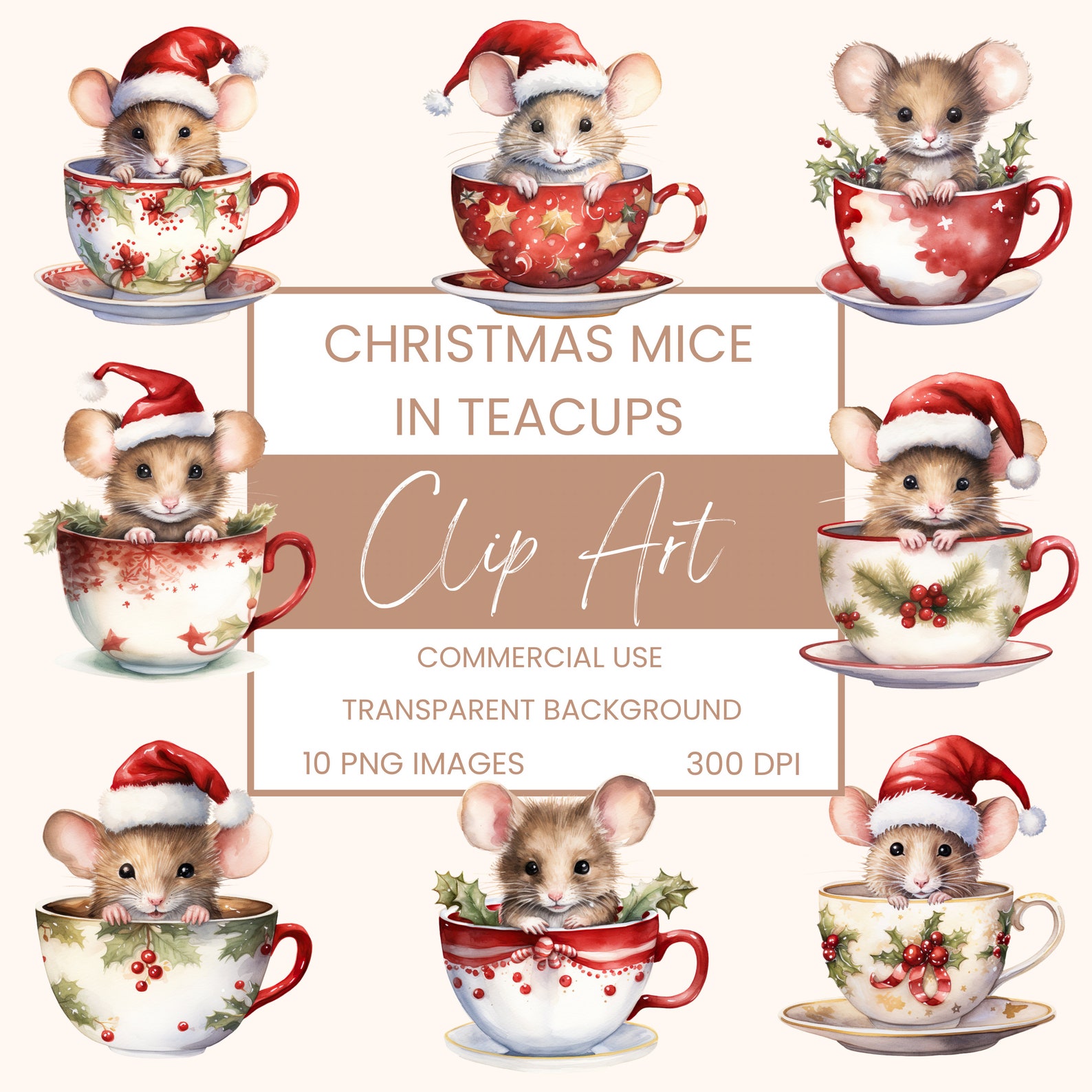 Christmas Mice in Teacups Clip Art Pack Watercolour, Clipart or ...