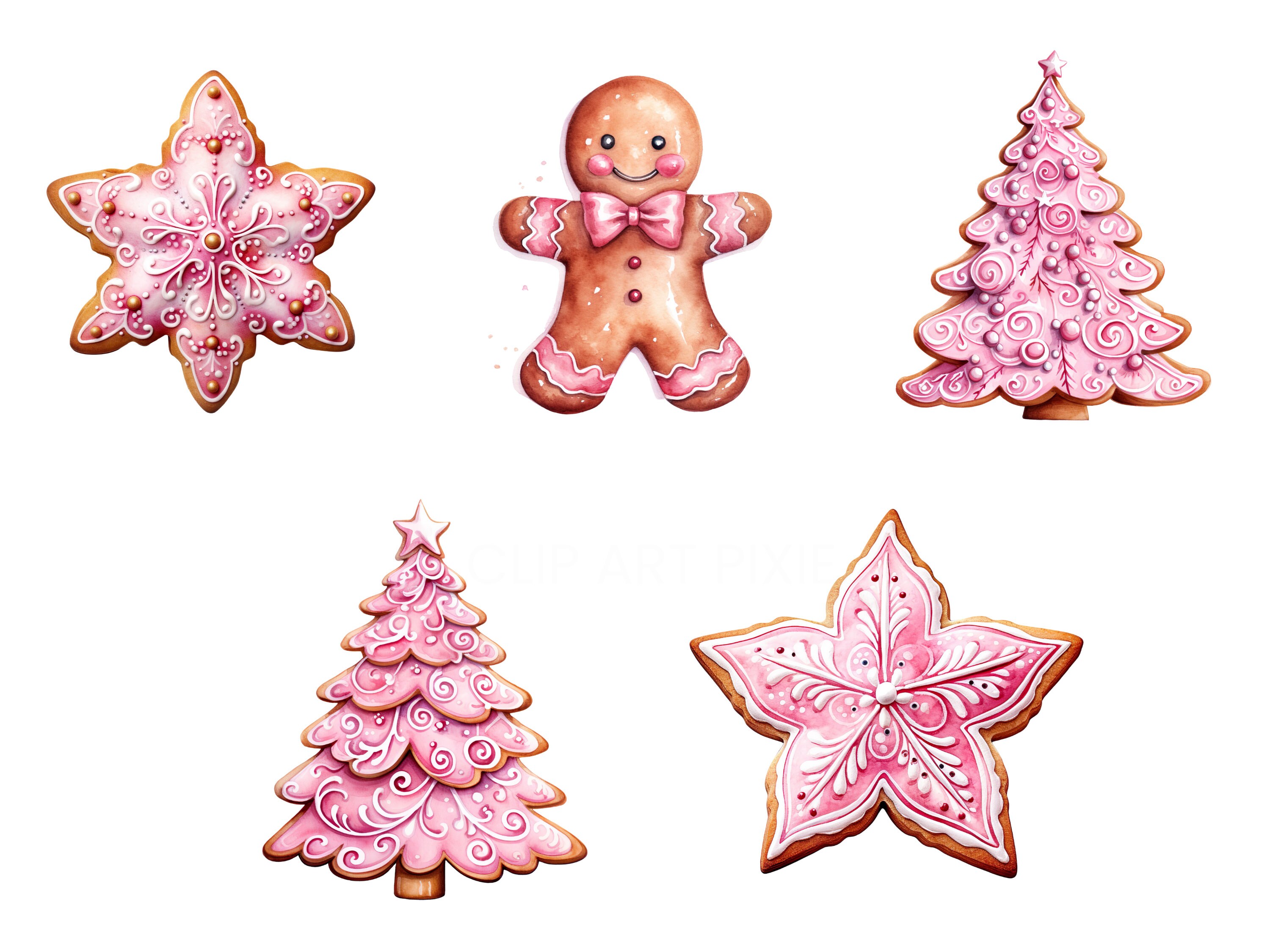 Pink Christmas Gingerbread Clip Art Pack Watercolour, Clipart or ...