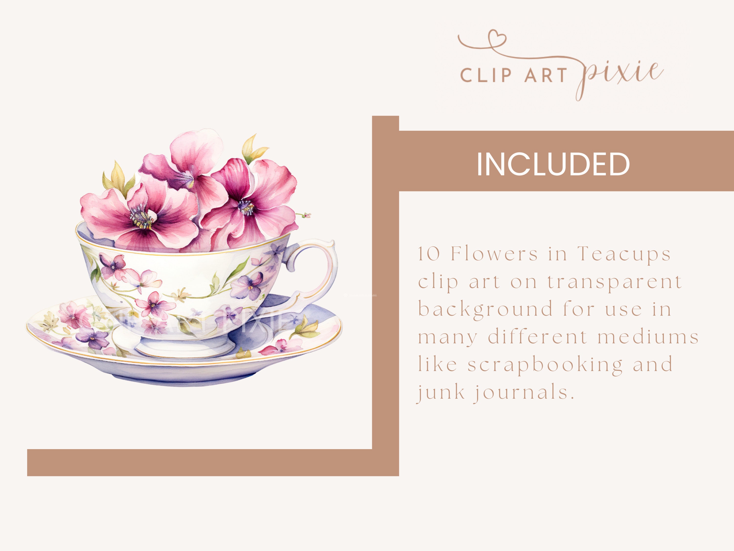 Flowers in Tea Cups Clip Art Pack Watercolour, Clipart or Commercial ...