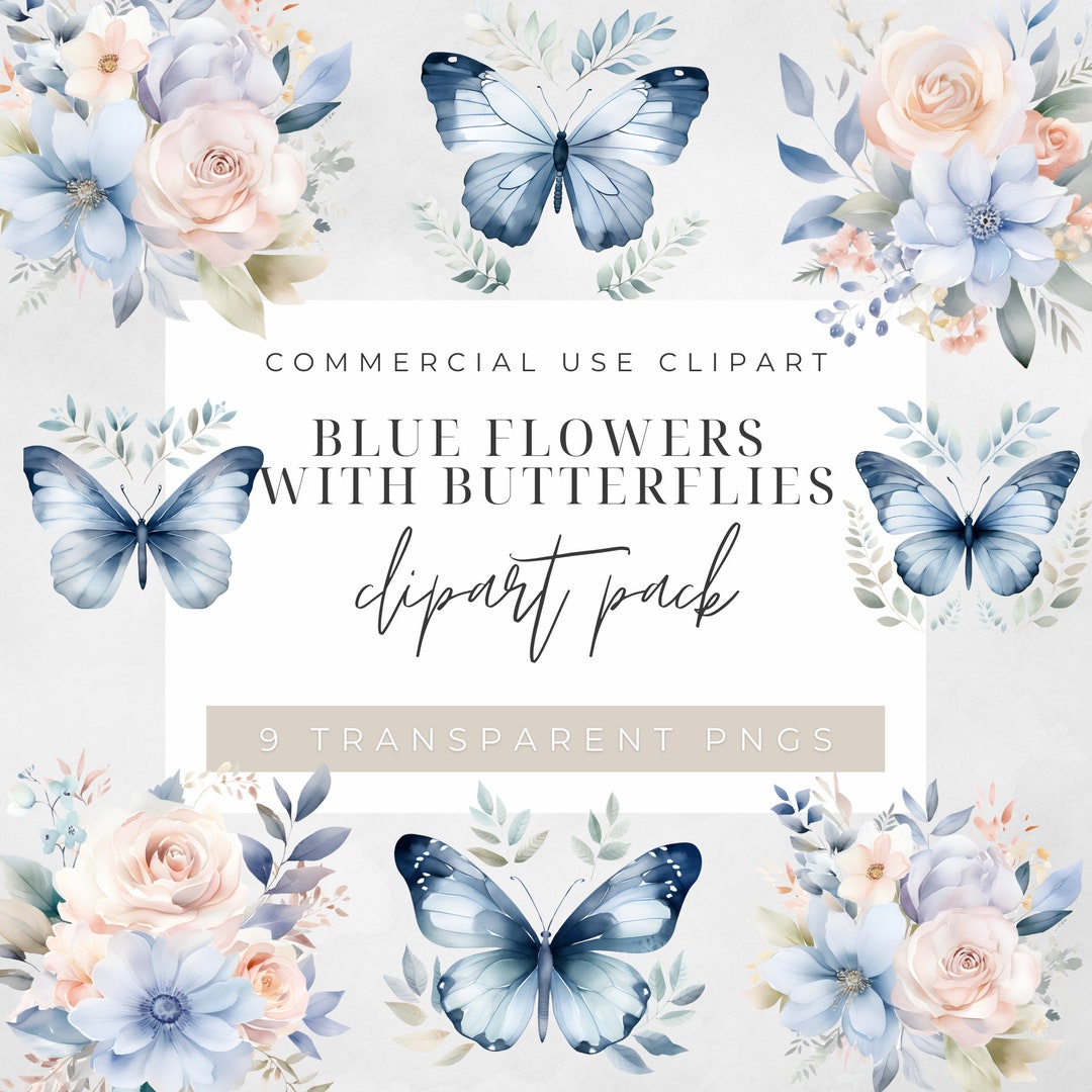 Blue Flowers and Butterflies Clip Art Pack Watercolour, Clipart or ...