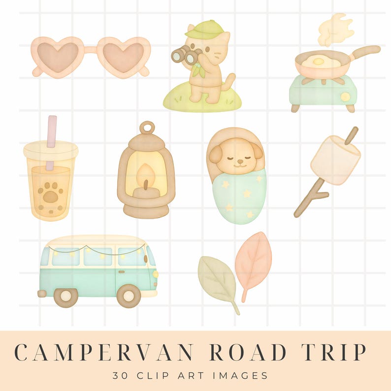 Kawaii Campervan Road Trip Clipart – Pastel Van, Cute Animals, Camping ...