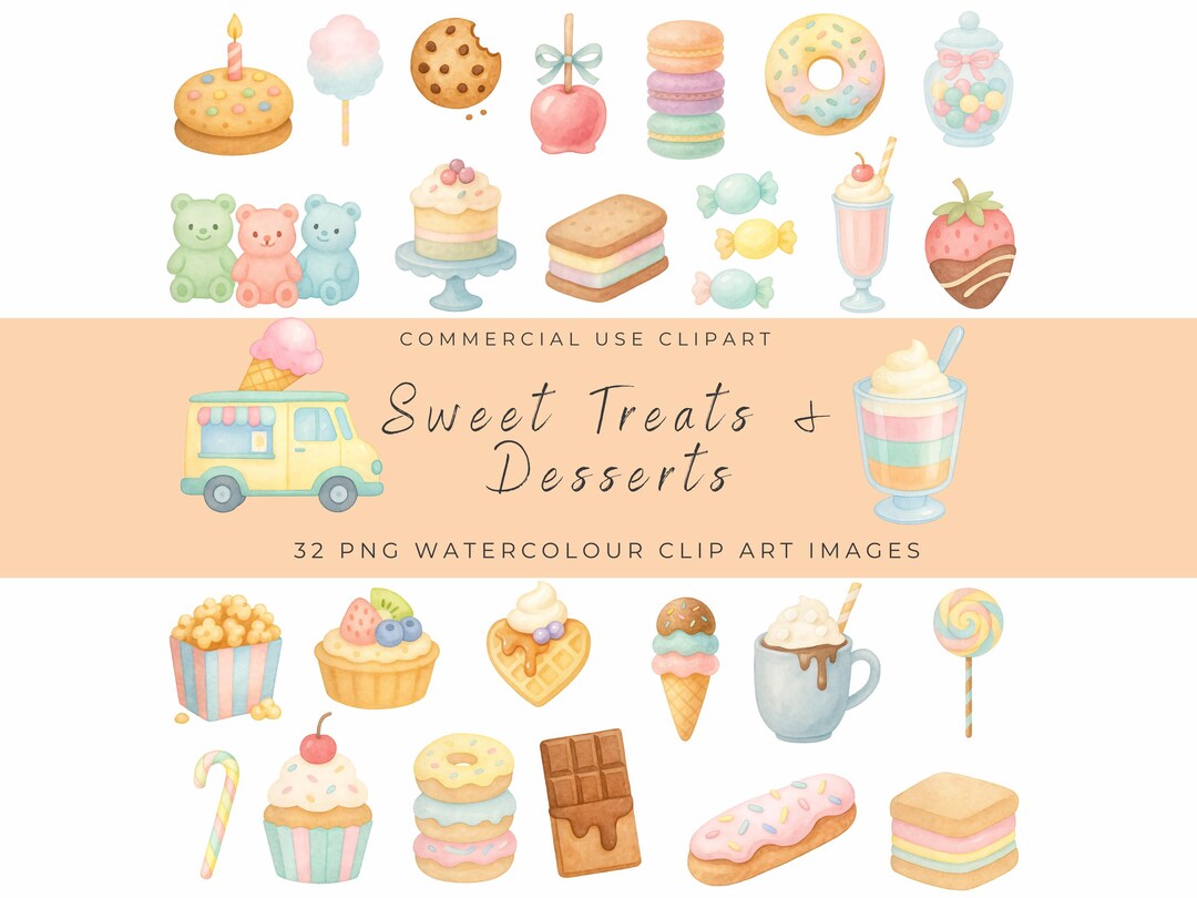 Sweet Treats Dessert Clipart | Pastel Watercolor Candy, Cupcakes, Ice ...