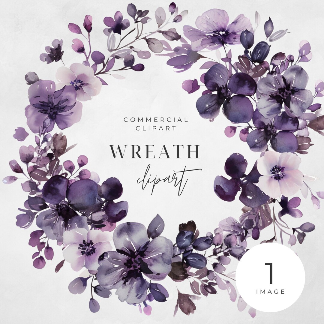 Watercolor Floral Wreath Deep Lilac Clipart, SINGLE IMAGE, Flowers ...