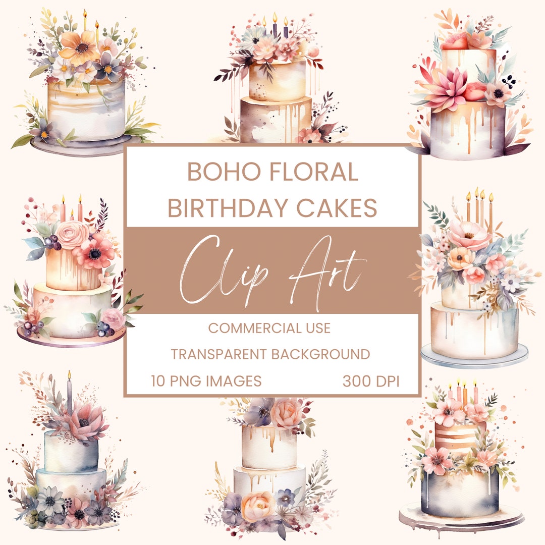 Boho Floral Birthday Cakes Watercolor Clipart PNG, Junk Journaling ...