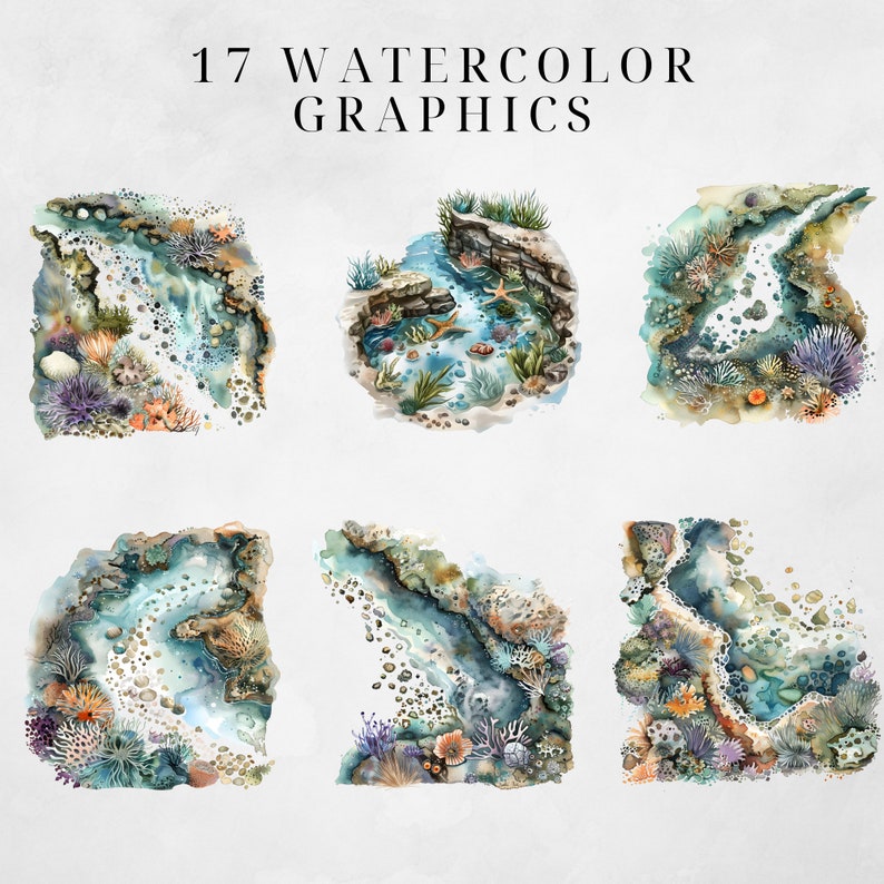 Watercolor Tide Pools Clipart, BUNDLE, Ocean, Coral, Rock Pool ...
