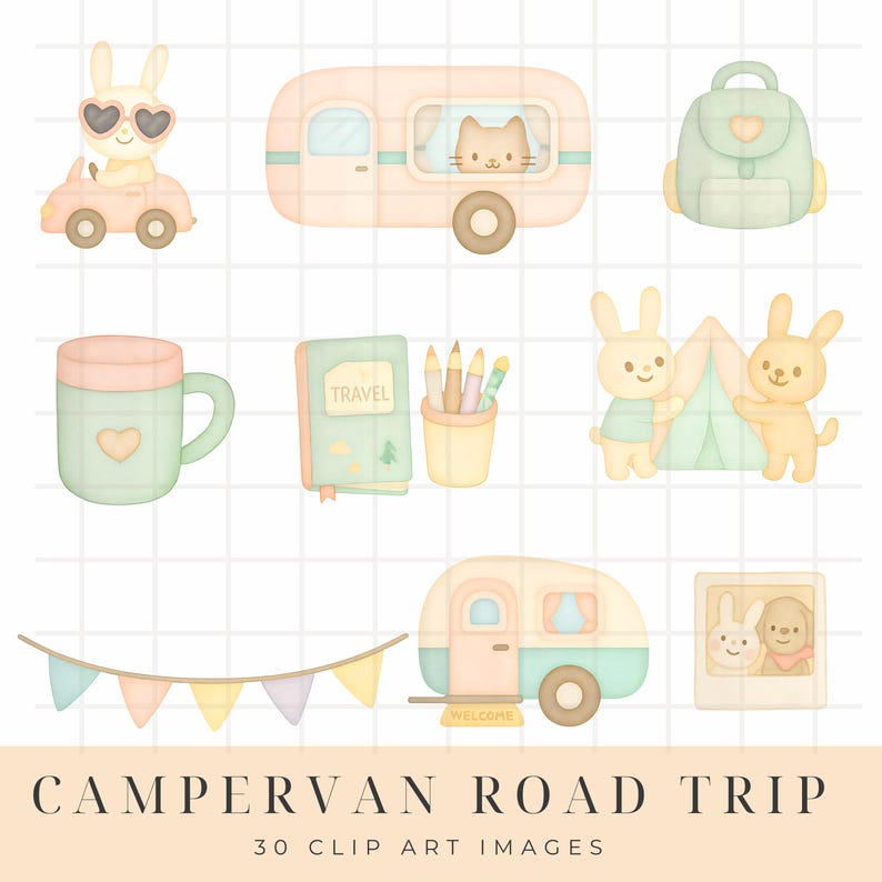 Kawaii Campervan Road Trip Clipart – Pastel Van, Cute Animals, Camping ...