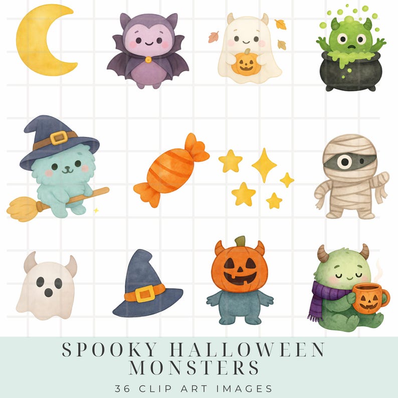 Spooky Cute Halloween Monster Clipart Bundle – Watercolor Pngs, Kids ...