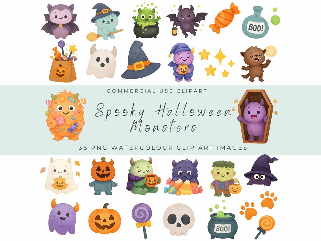 Spooky Cute Halloween Monster Clipart Bundle – Watercolor Pngs, Kids ...