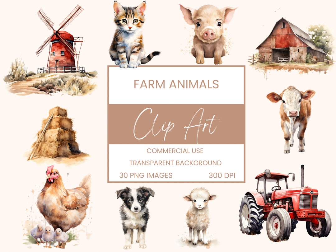 Farm Animals Clip Art Pack Watercolour, Clipart or Commercial Use, Barn ...