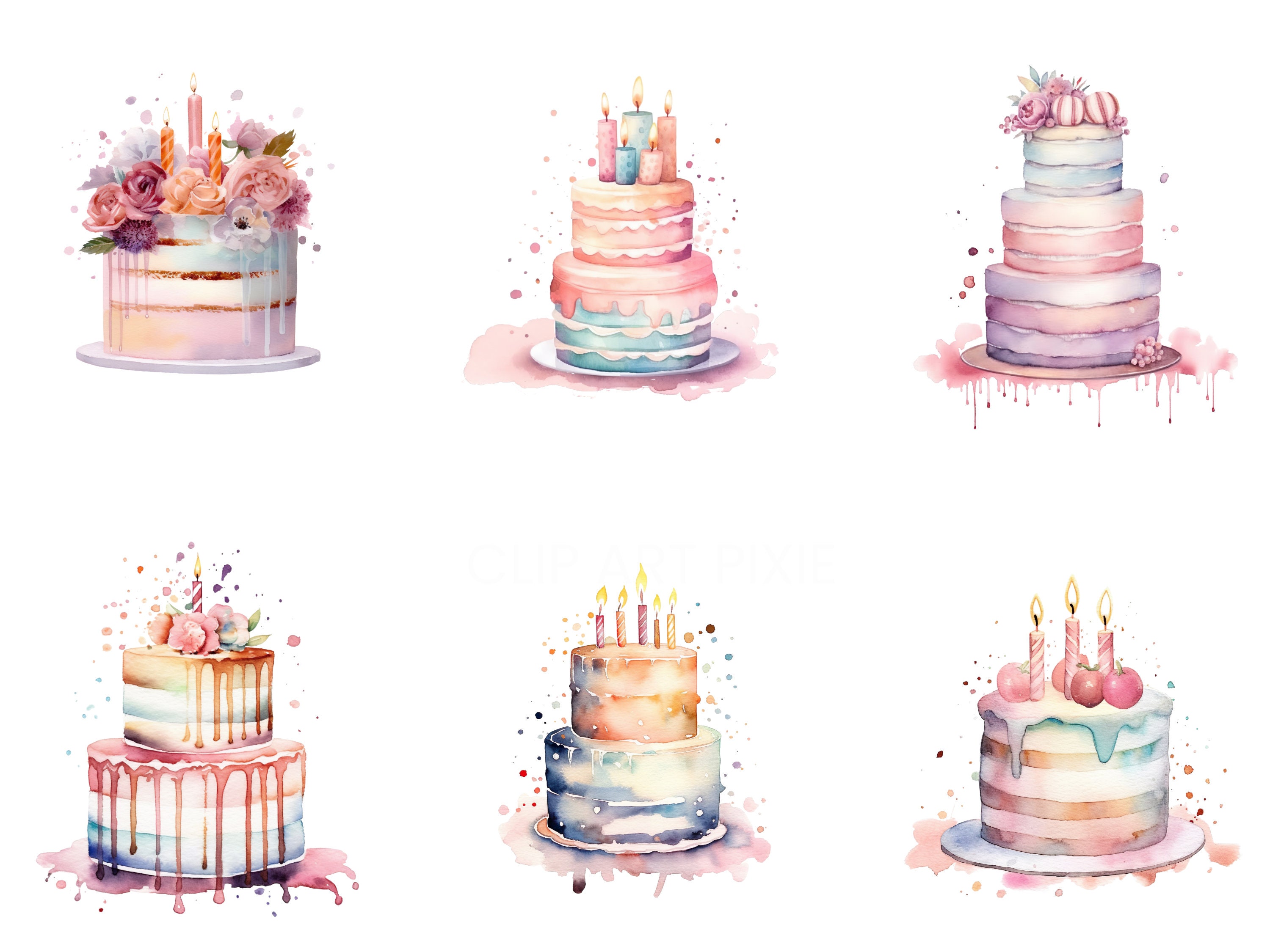 Pastel Birthday Cakes Watercolor Clipart PNG, Junk Journaling, Bundle ...