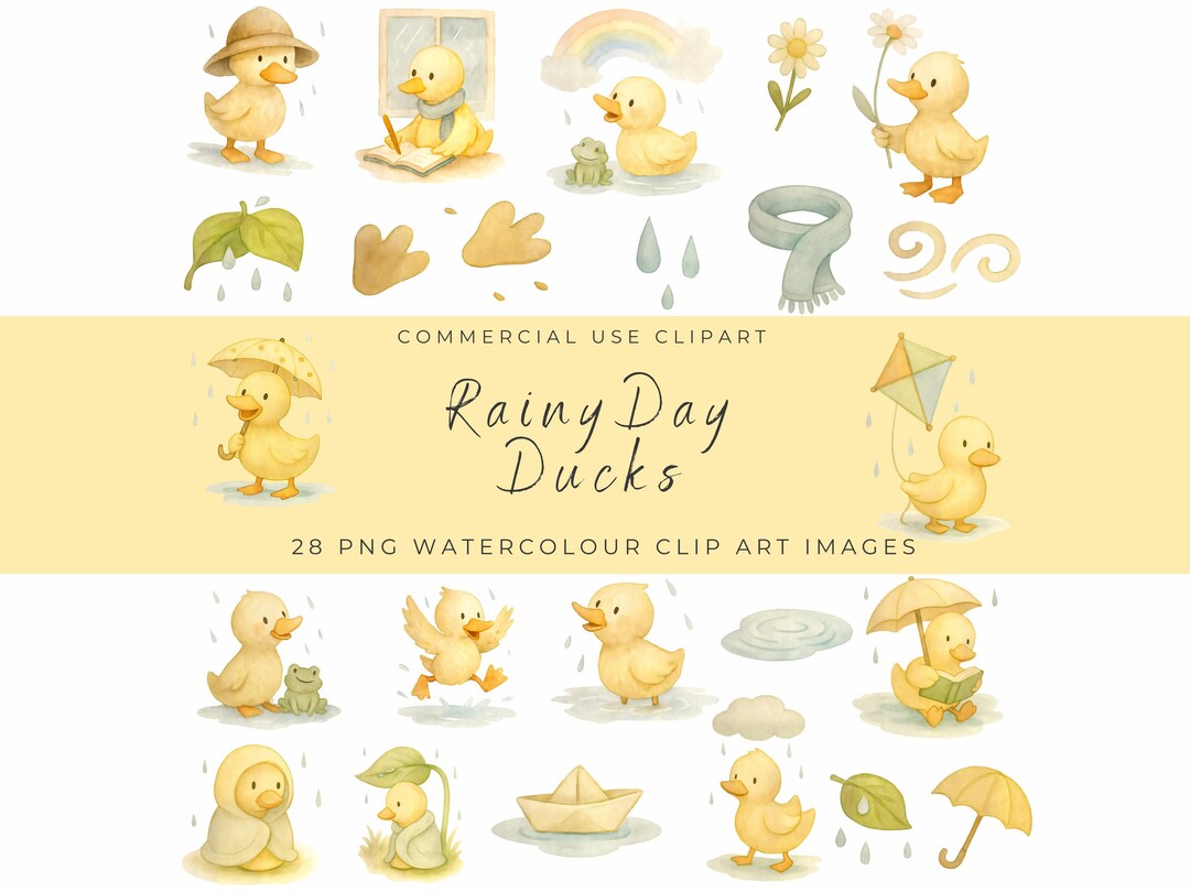 Watercolor Rainy Day Ducks Clipart – Ducks, Raindrops, Umbrellas ...