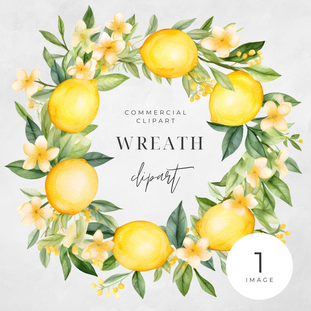 Watercolor Lemon Wreath Clipart, SINGLE IMAGE, White Flowers, Fruit ...